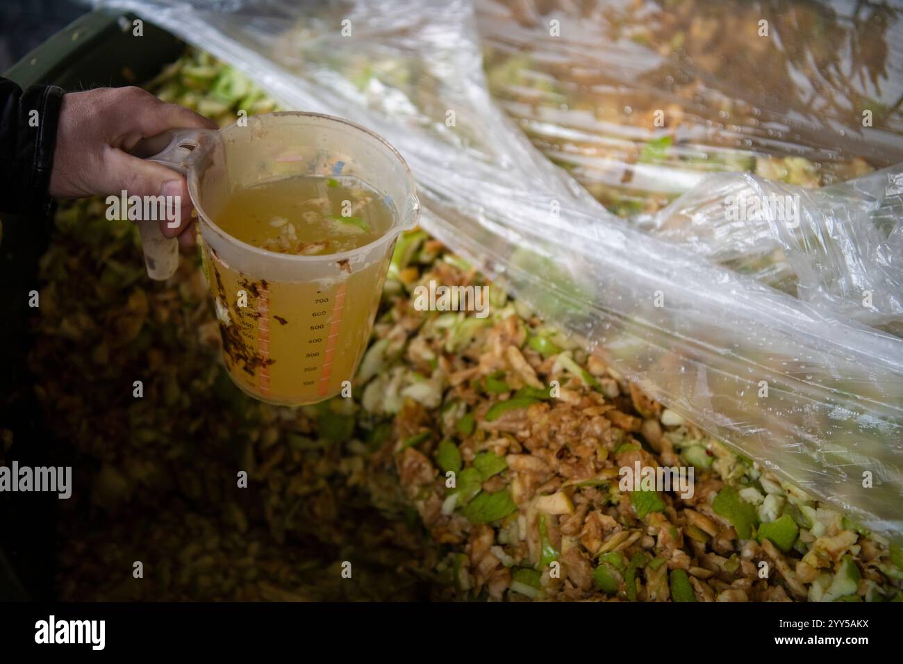 Closeup of hand holding a beaker full of apple fruit liquor,above the ...