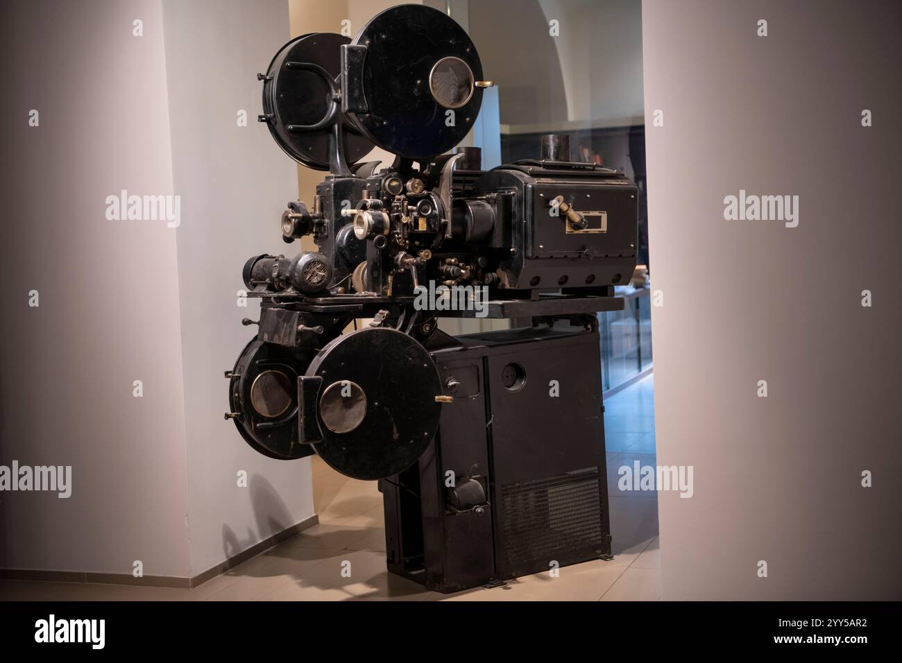 Film reels for old vintage cinema movie projector in video library ...