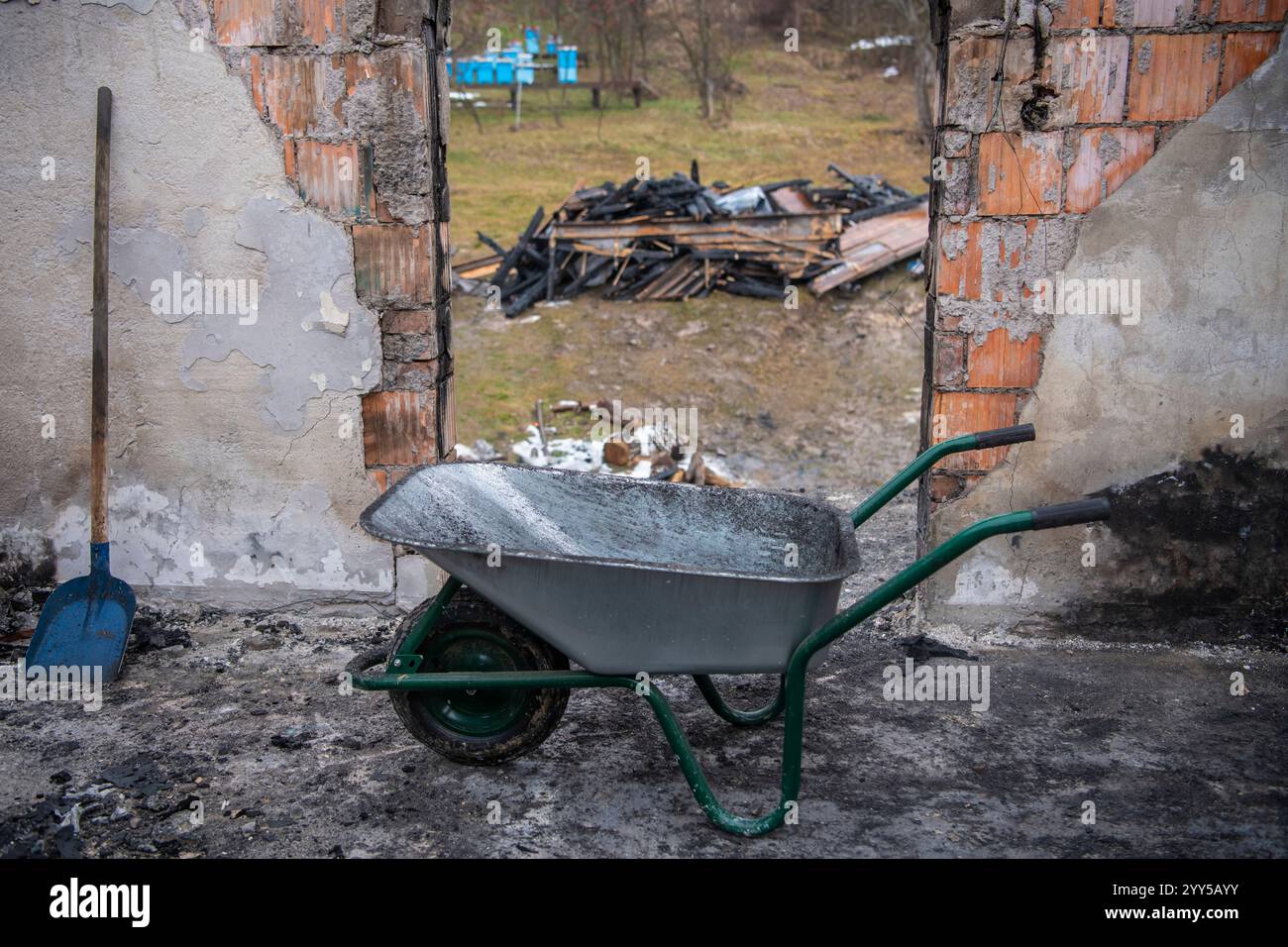 Burnt Holy Trinity Monastery in mountain village. The fire destroyed ...