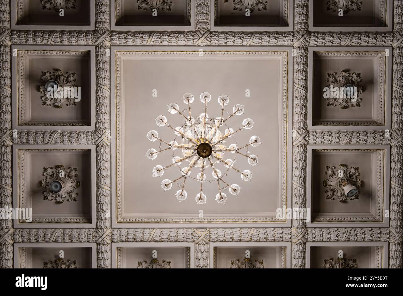 Luxury expensive chandeliers hanging under old vintage ceiling in ...