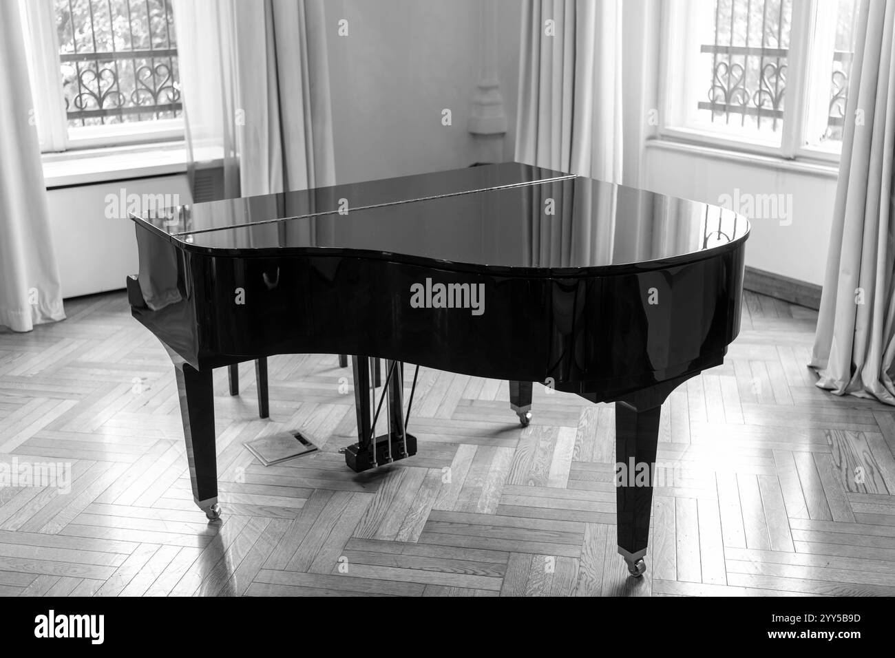 Interior of modern living room with closed black wooden piano. Light ...