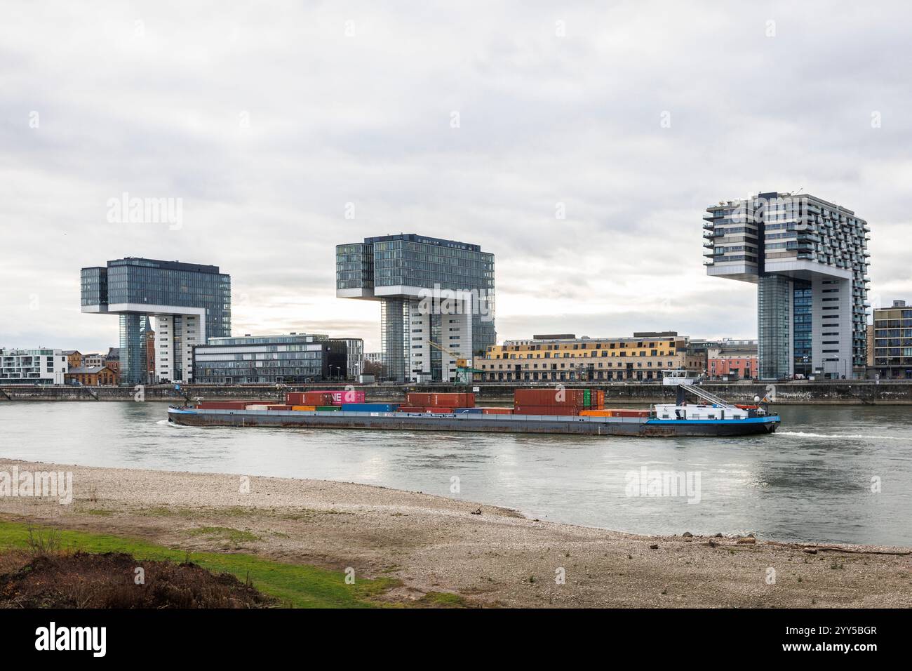 view over the Rhine to the Kranhaeuser (Crane Houses) in the Rheinau ...