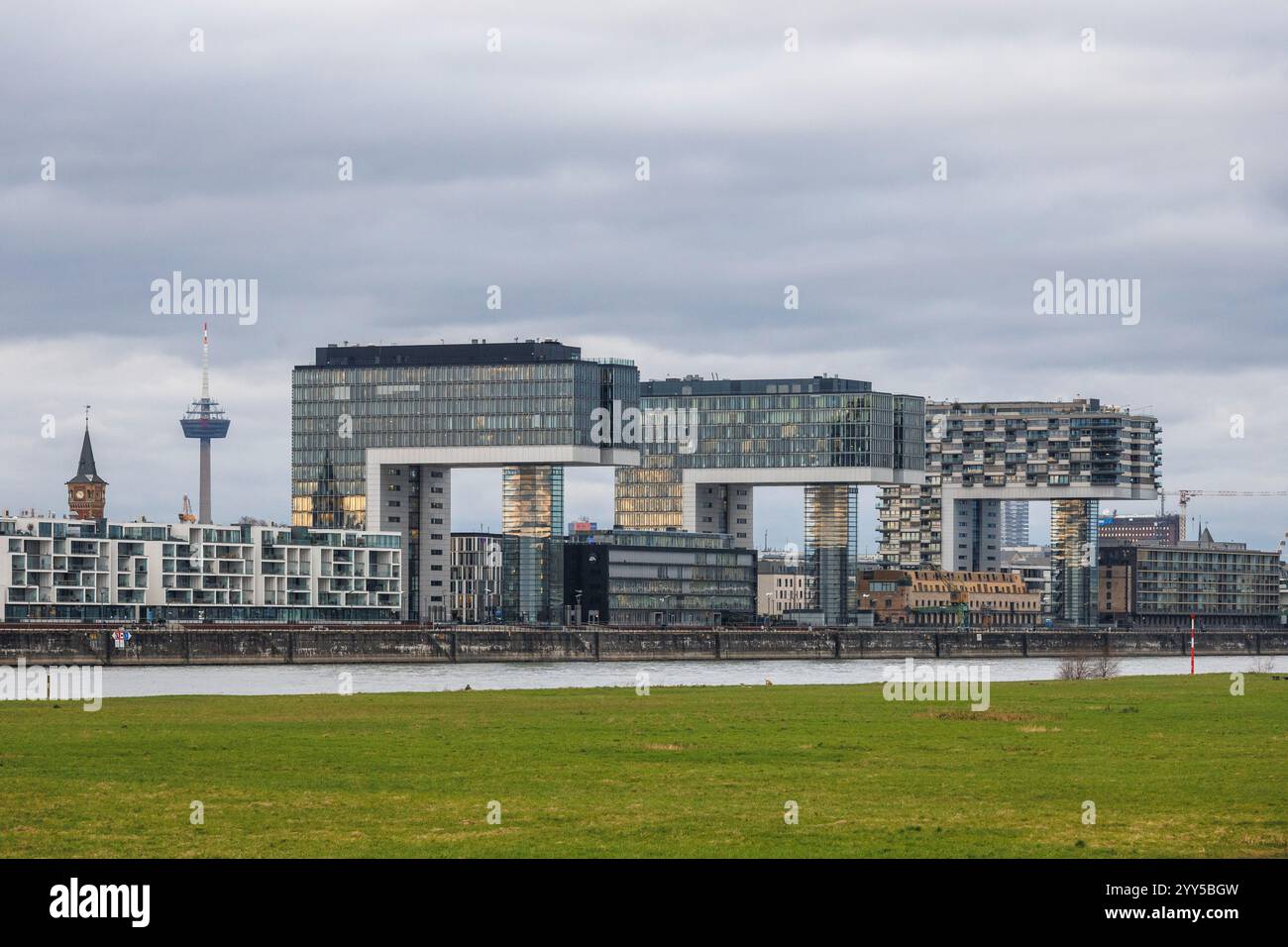 view over the Rhine to the Kranhaeuser (Crane Houses) in the Rheinau ...