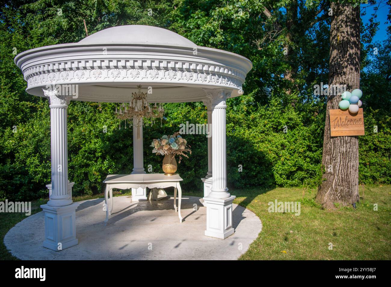 Luxury decoration setup for event celebration in backyard terrace with ...