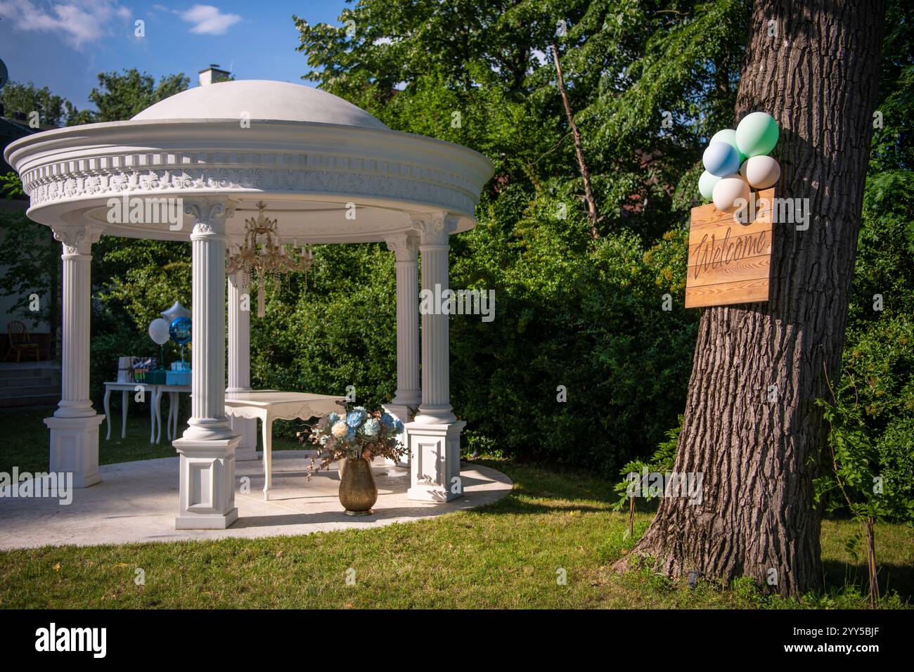 Luxury decoration setup for event celebration in backyard terrace with ...