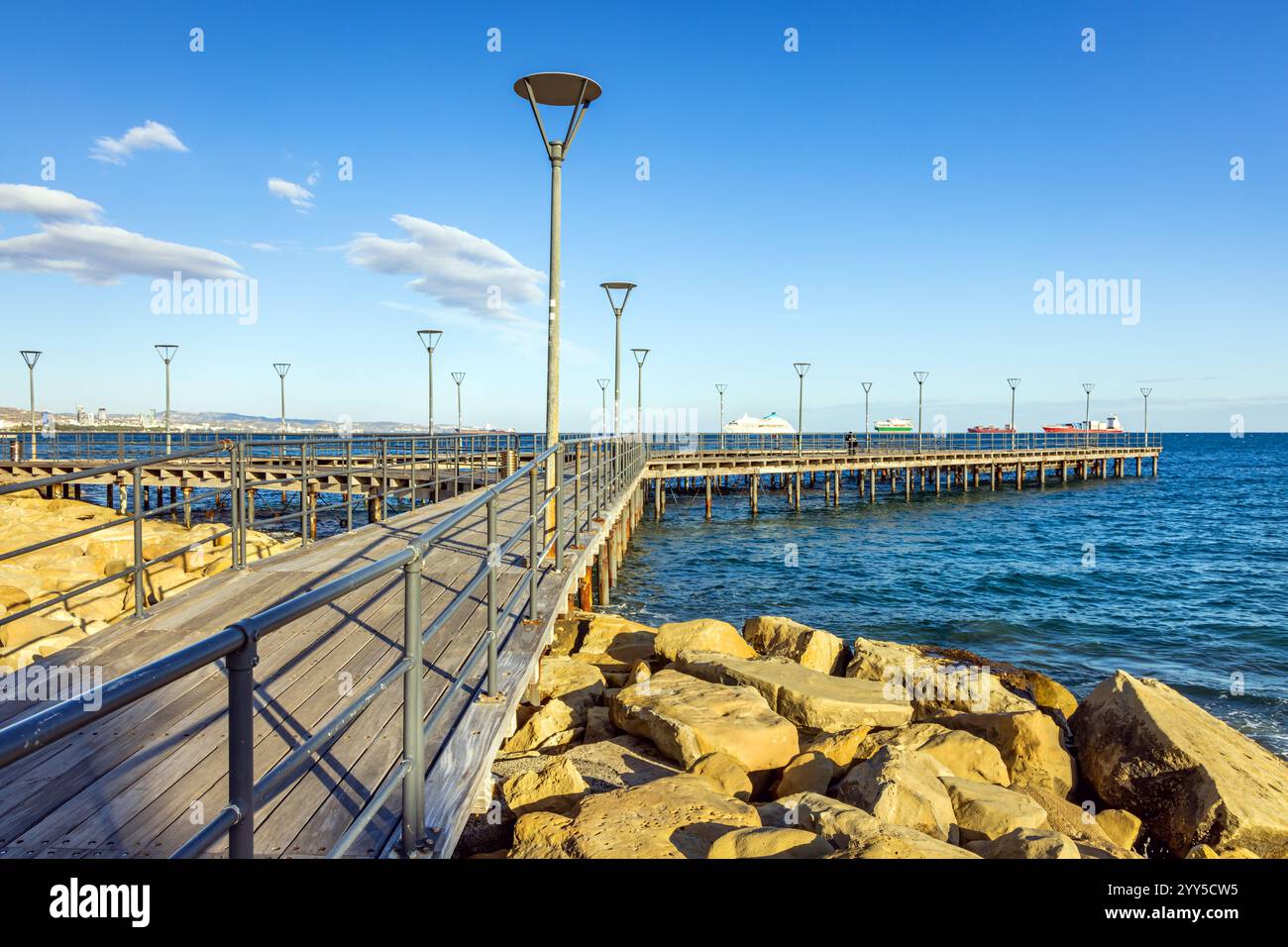 One of the wooden piers along the promenade at Limassol, Cyprus Stock ...