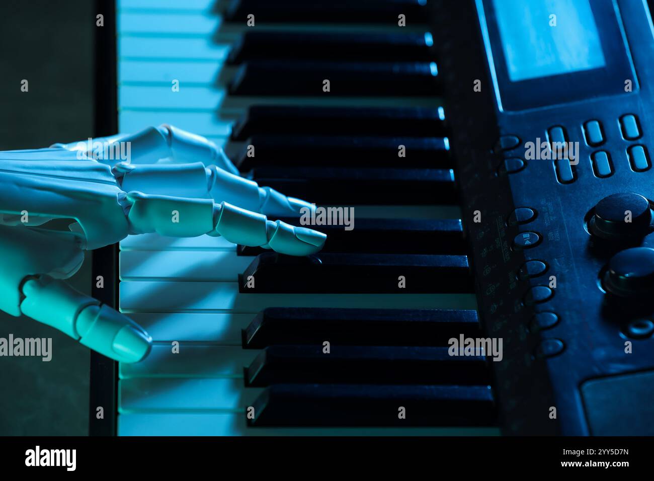 Artificial intelligence. Robot hand playing synthesizer in blue light ...
