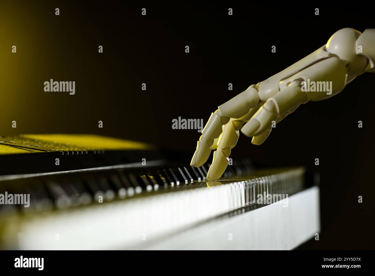 Artificial intelligence. Robot hand playing synthesizer on dark ...