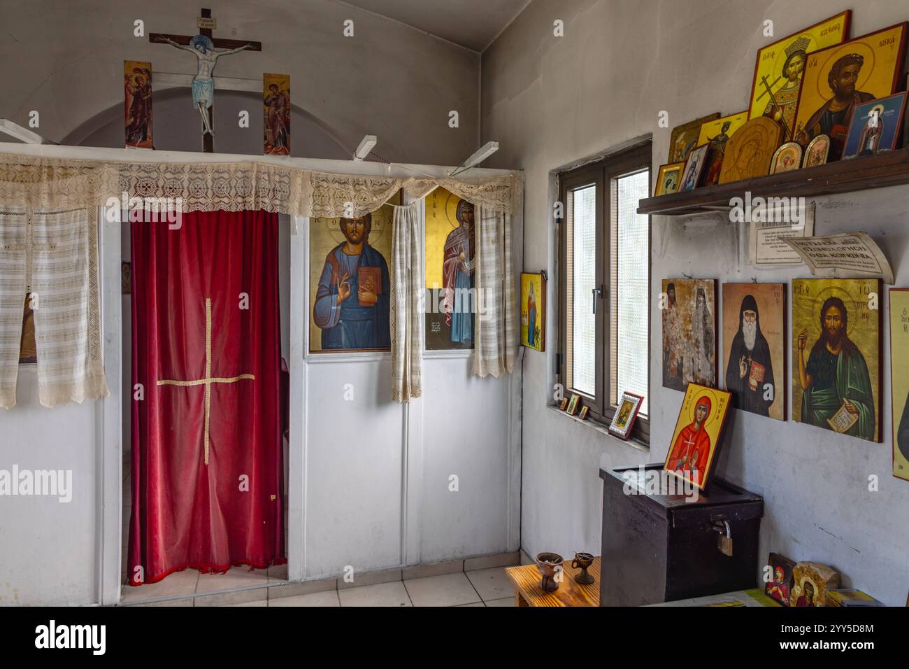 Interior of the small church of Ayia Marina, set in the vineyards ...