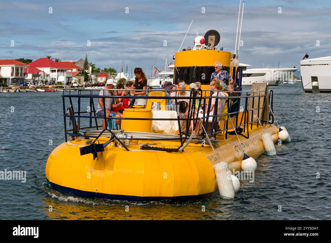 semi-submersible boat, Yellow Submarine, underway, movement, people on ...