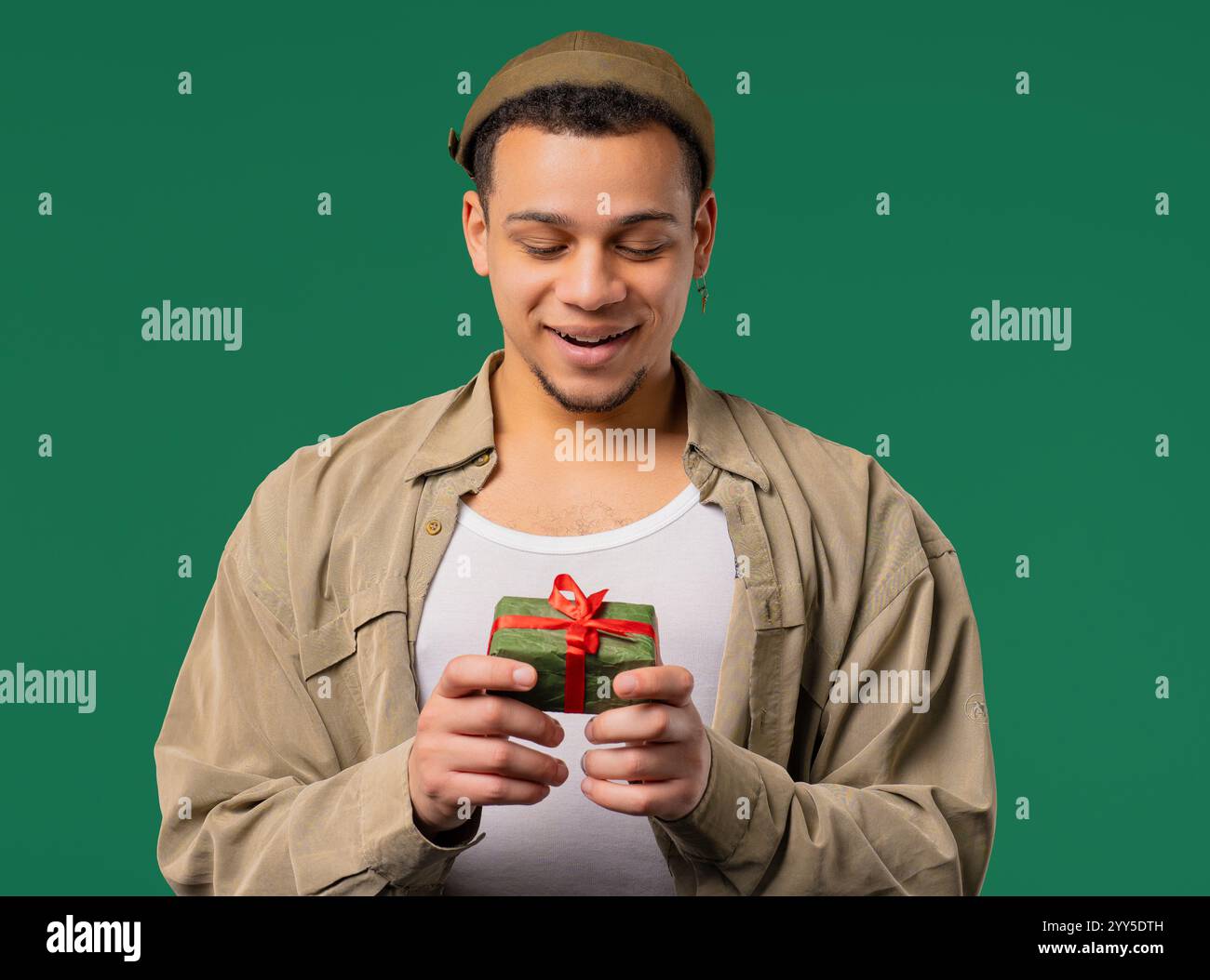 Excited Man Hold Gift Box With Bow. He Is Happy And Flattered By ...