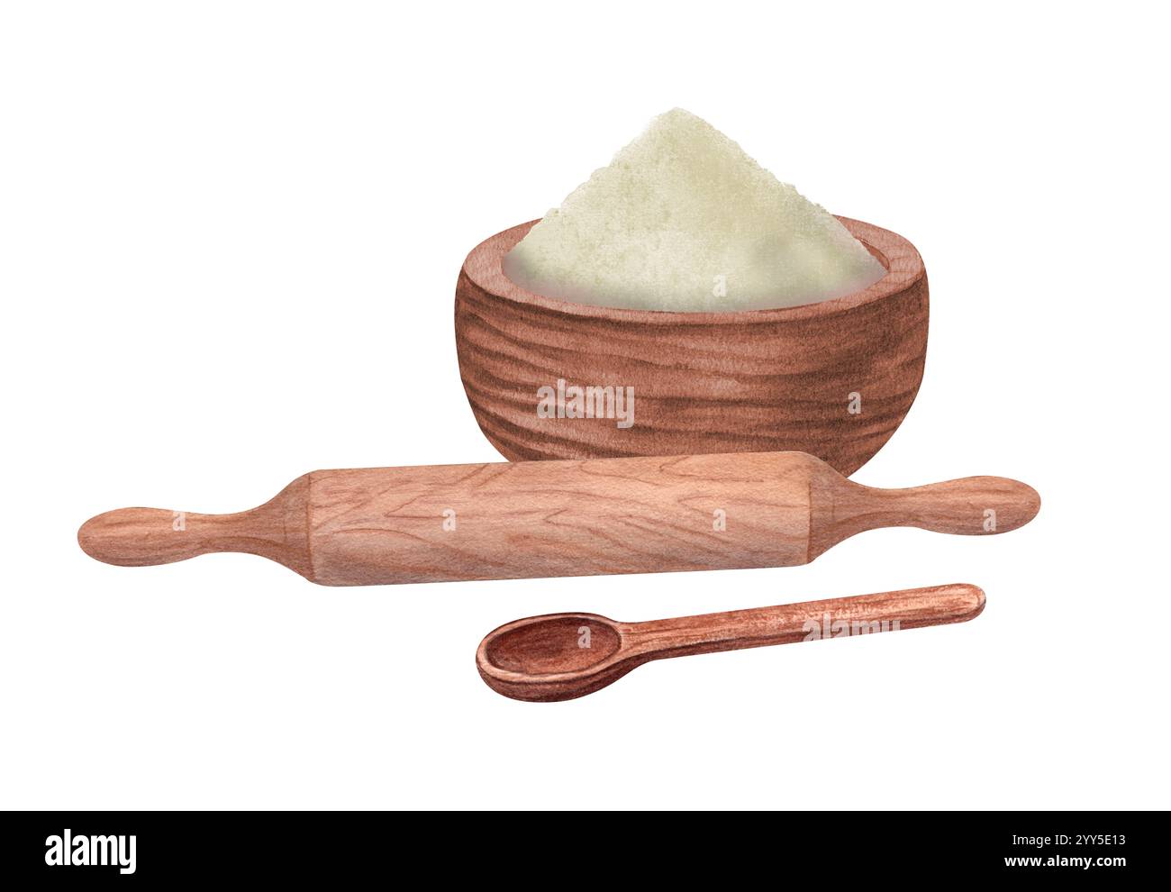 Wooden handcraft bowl with flour, rolling pin and spoon watercolor ...
