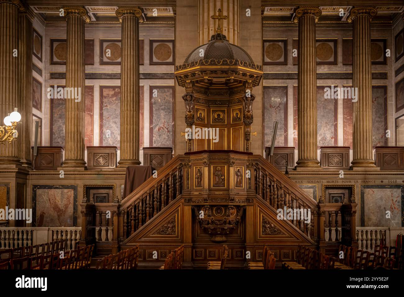 Paris, France - 12 18 2024: View detail of wooden pulpit inside ...