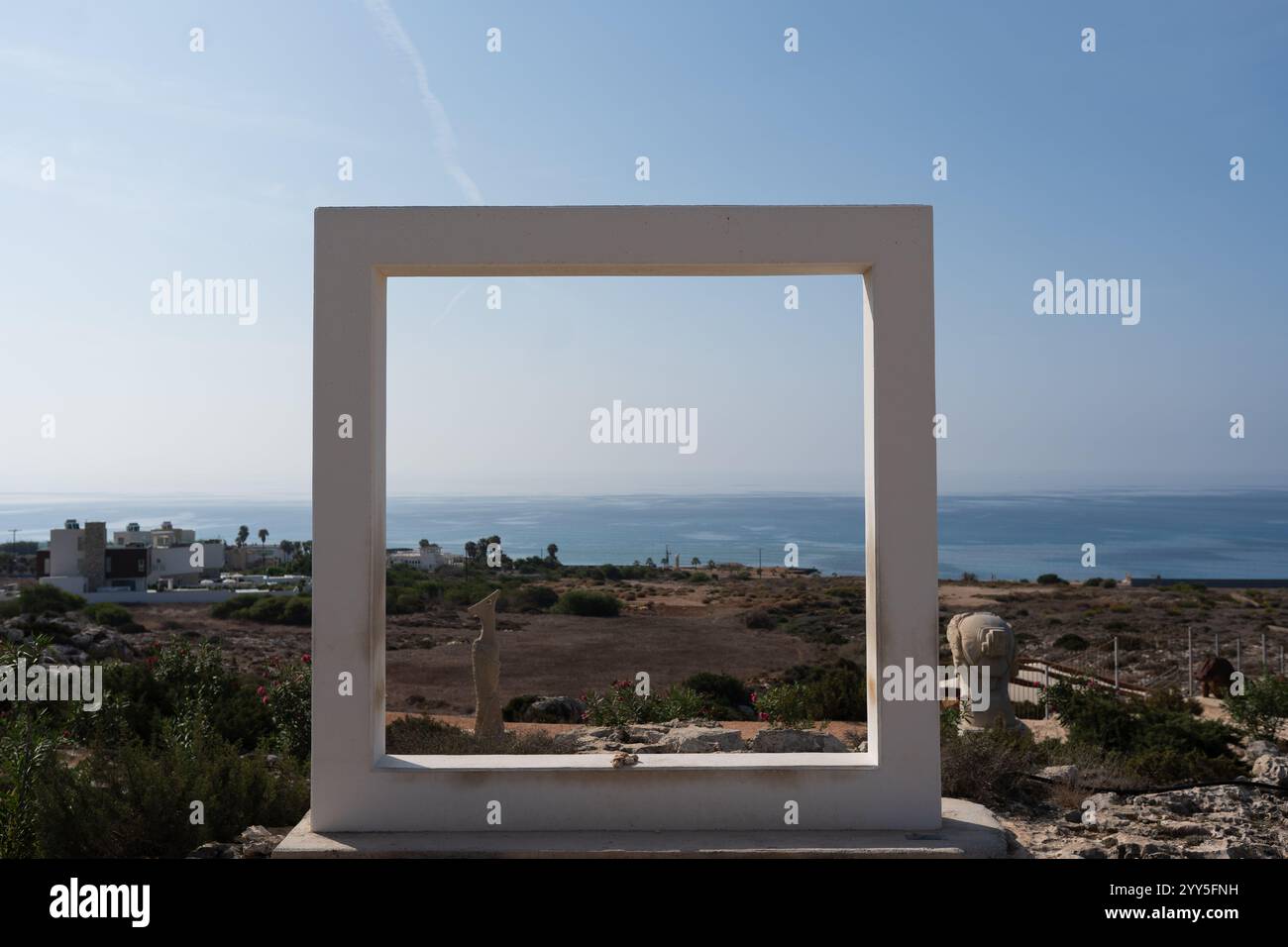 November 2 2023 Ayia Napa, Cyprus island. Frame looking sculpture ...
