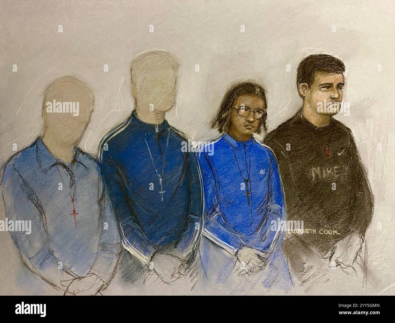 Court artist sketch by Elizabeth Cook of Riley Tolliver (right), 18 ...