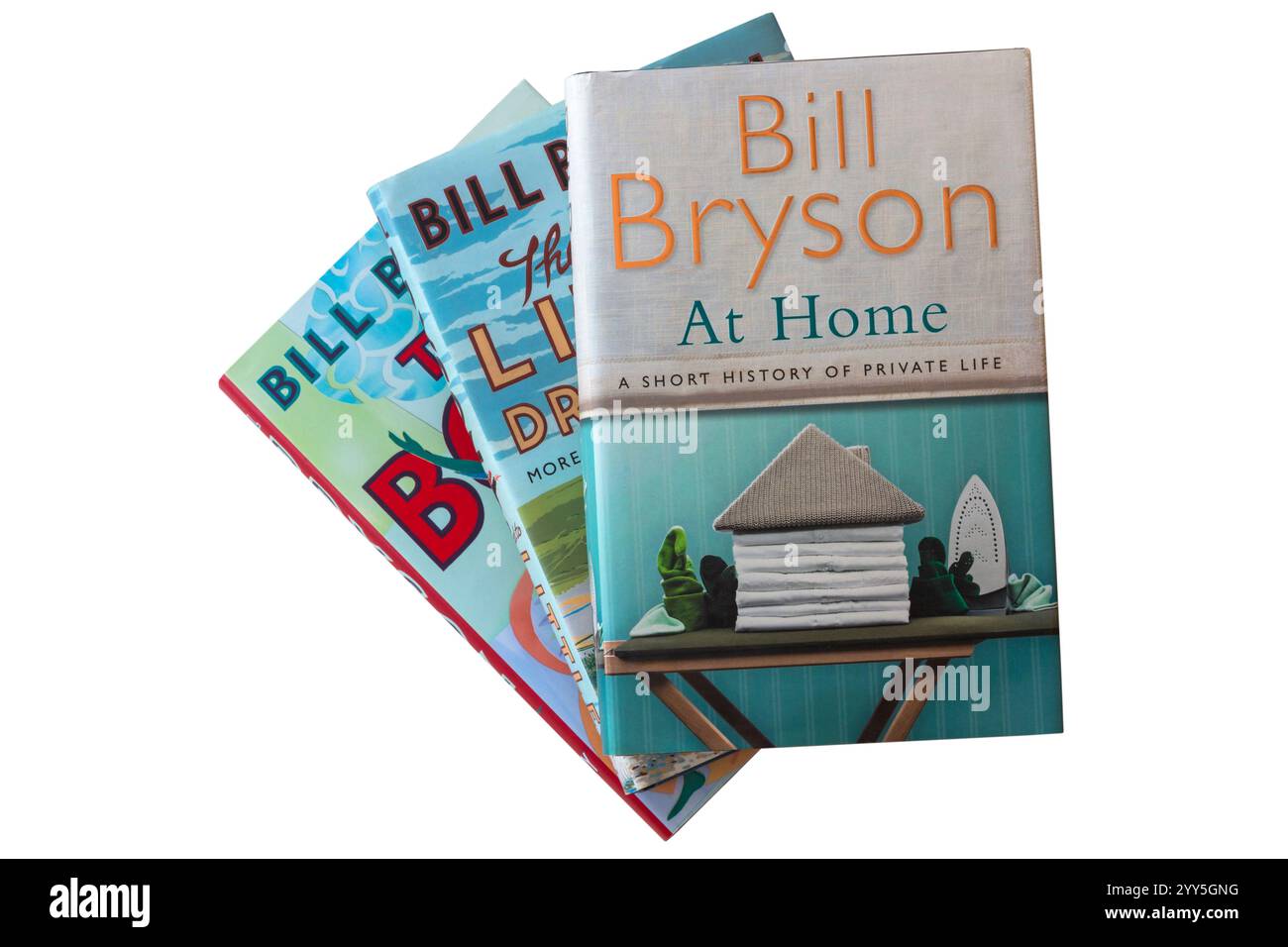 Selection of Bill Bryson books with At Home book on top isolated on ...