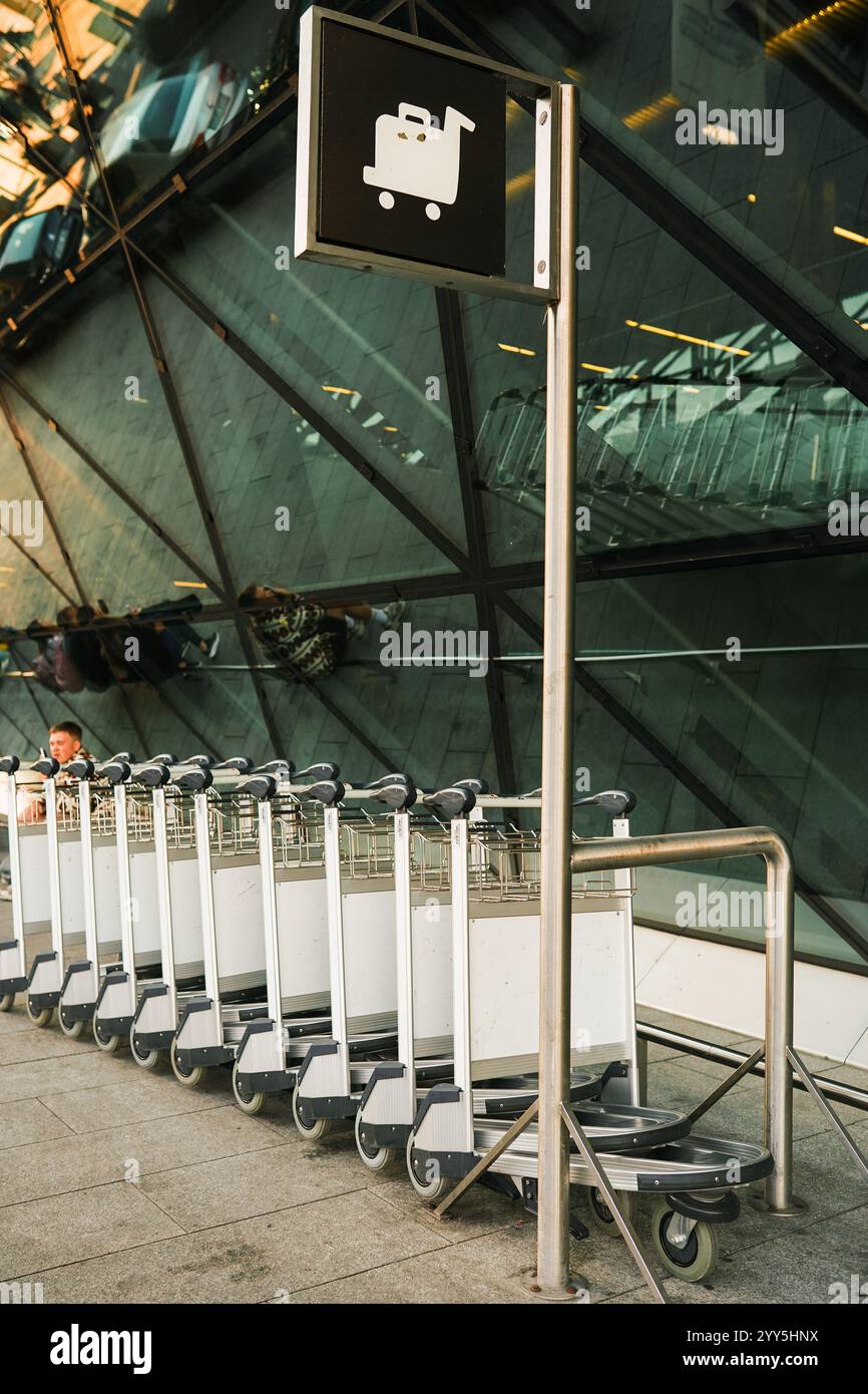 Luggage trolleys in airport terminal Stock Photo - Alamy