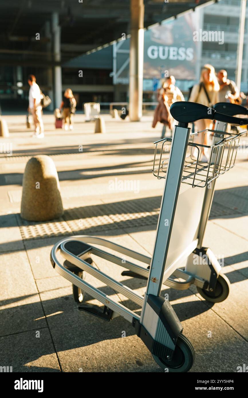 Luggage trolleys in airport terminal Stock Photo - Alamy
