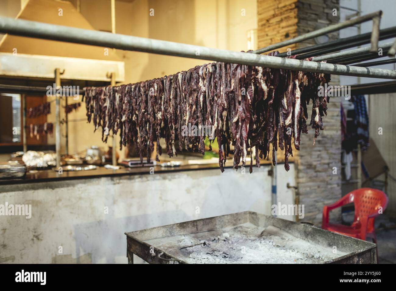Dried camel meat, camel restaurant, Ittin Park, Salalah, Dhofar, Oman ...