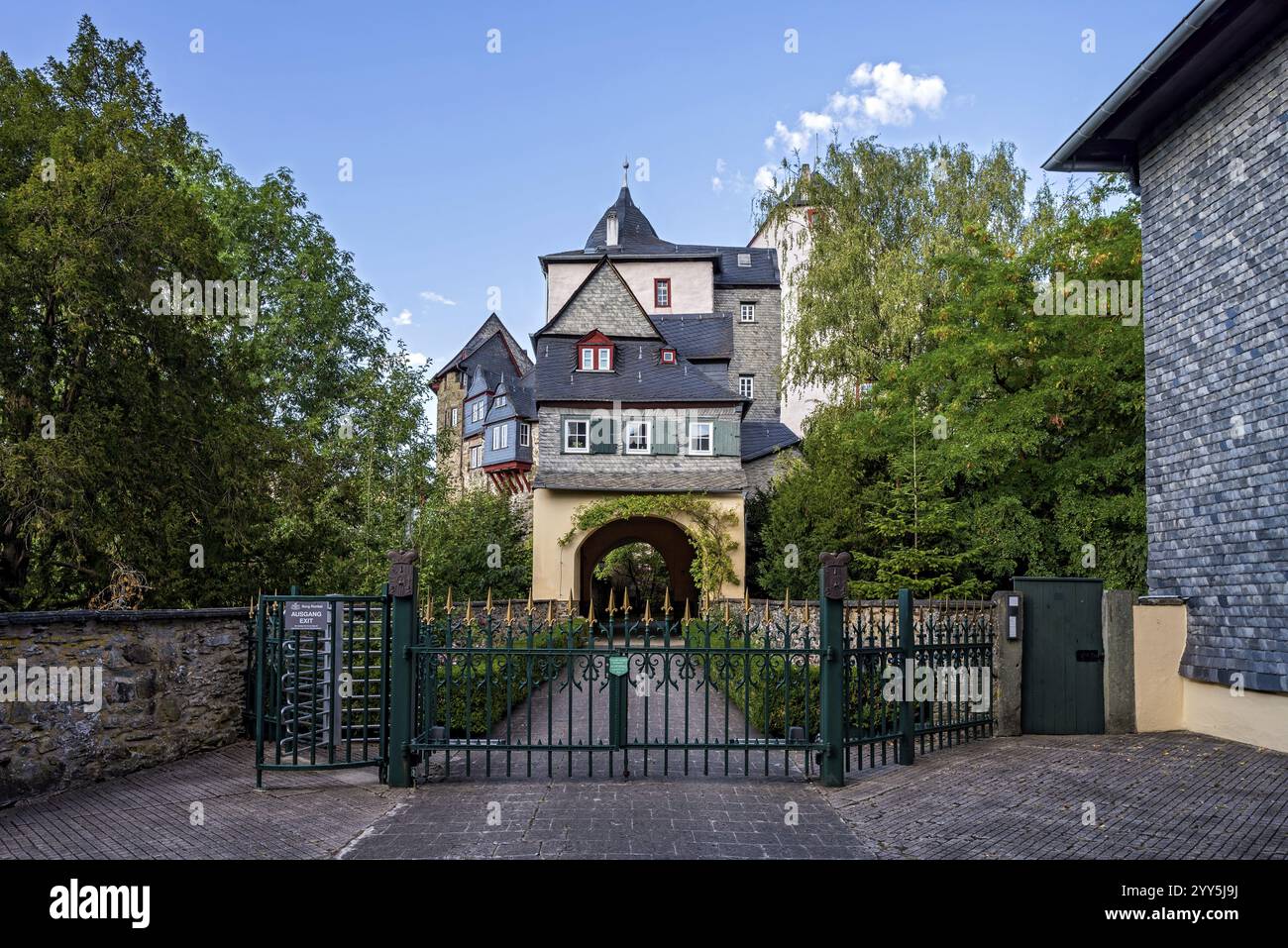 Runkel Castle, entrance with forged iron gate and castle gate, hilltop ...