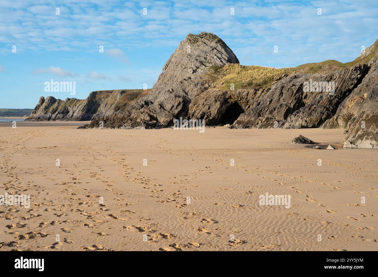 Low tide at Three Cliffs and Pobbles Beach, Gower, Wales, UK Stock ...