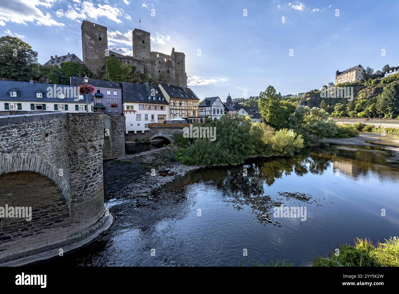 Old Lahn Bridge with Bannmuehle, Runkel Castle, hilltop castle from the ...
