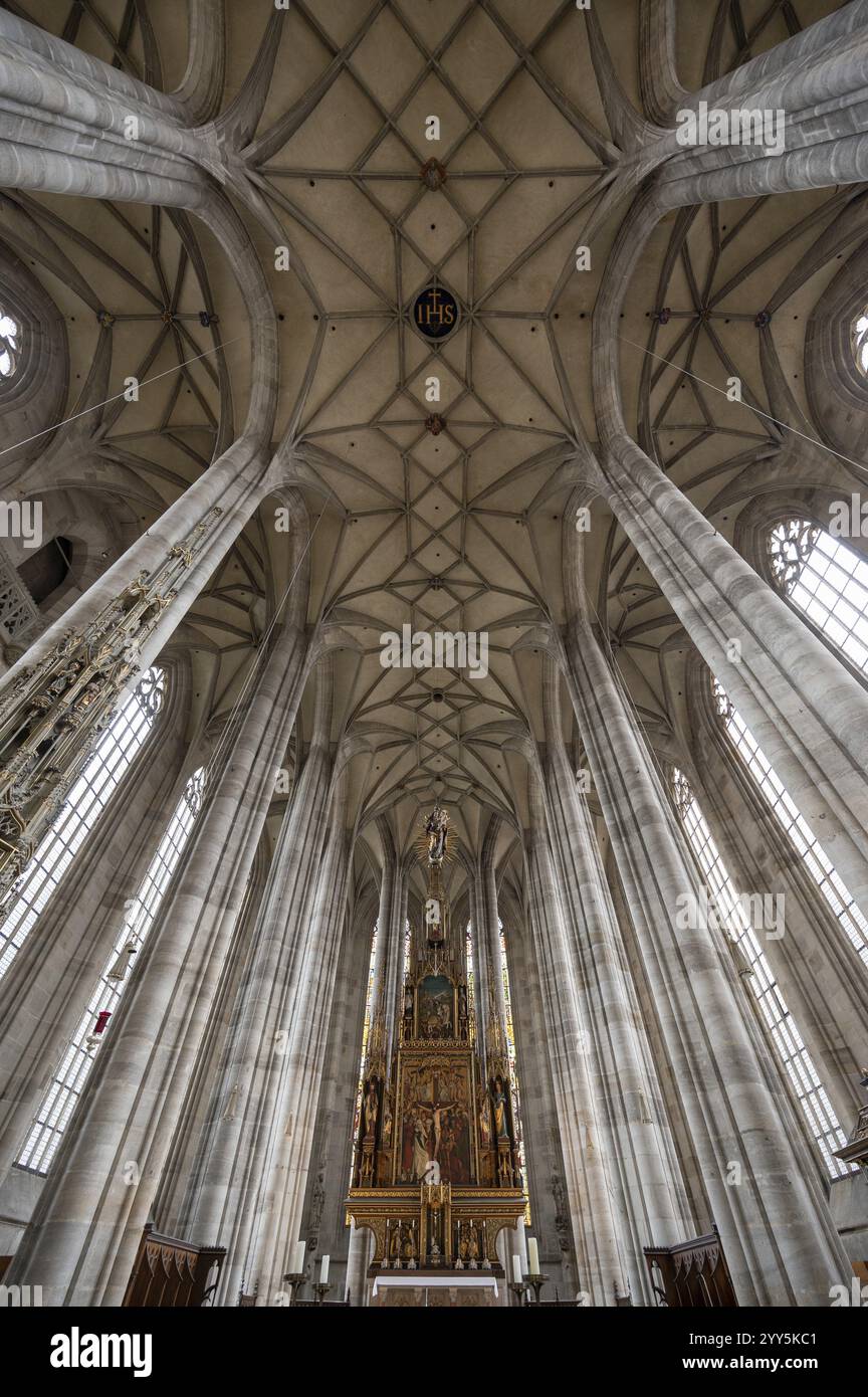 Interior with net vault and high altar in the late Gothic hall church ...