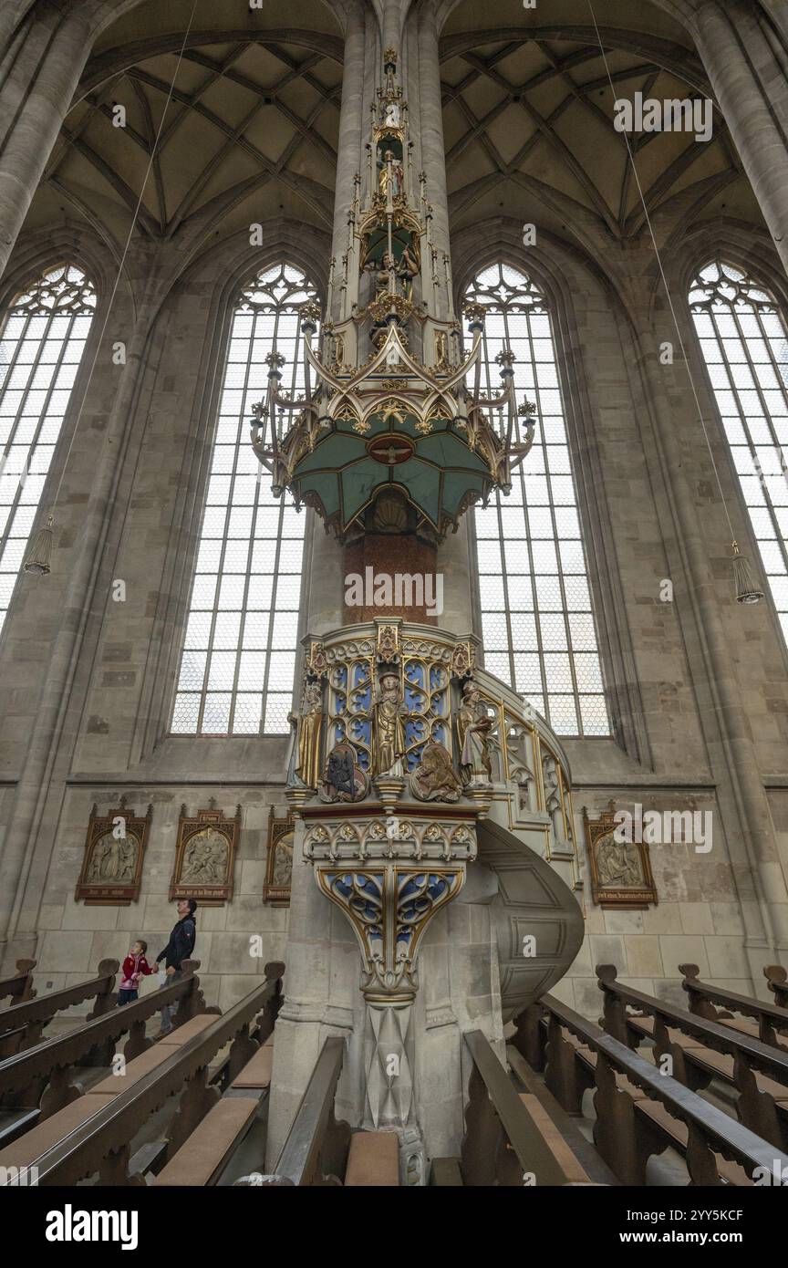 Pulpit with sandstone staircase in the late Gothic hall church of St ...