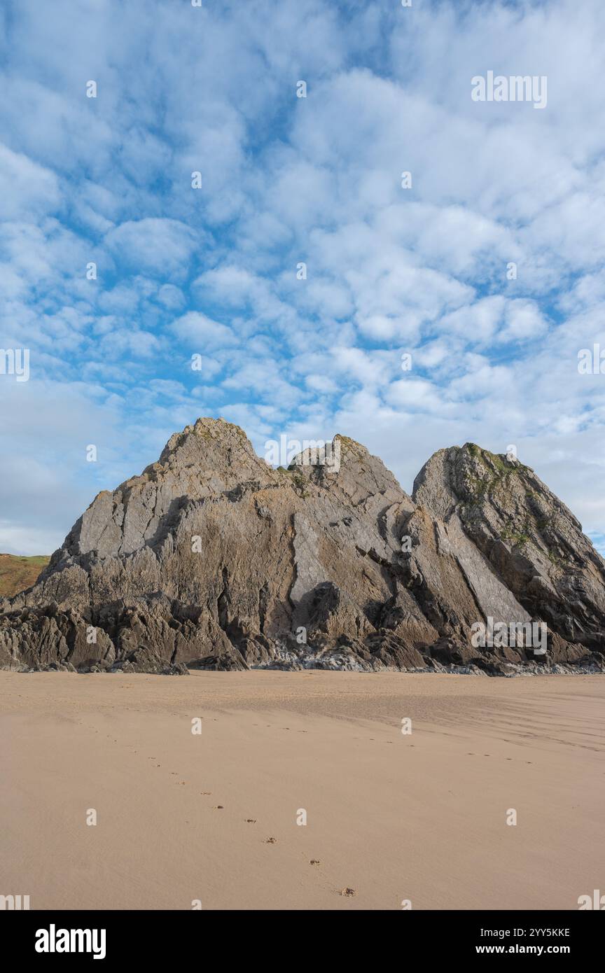 Low tide at Three Cliffs and Pobbles Beach, Gower, Wales, UK Stock ...