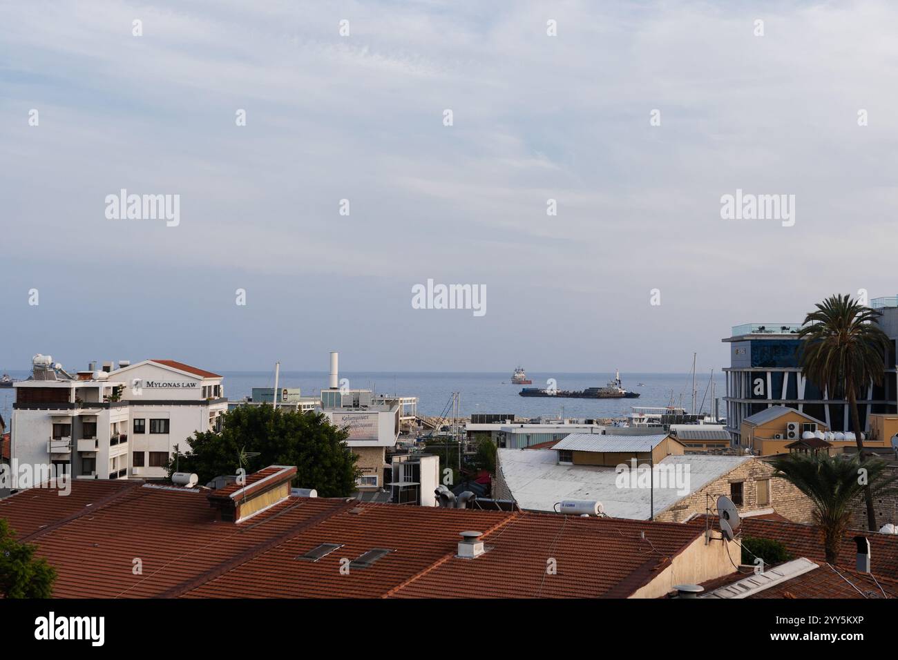 Cyprus,Paphos - May 30, 2023: In the distance, you can see a container ...