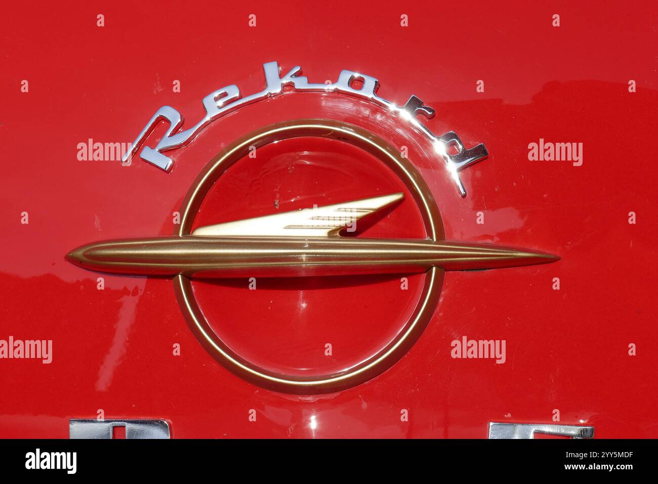 Opel logo and zeppelin, red Opel Rekord P1 vintage car at a classic car ...