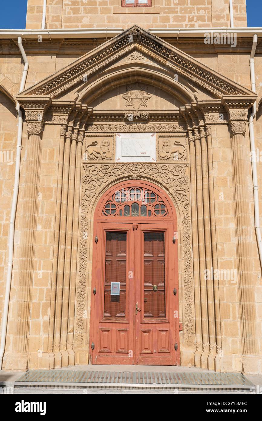 Red old door of antique Cypriot church in north Nicosia. Cyprus Stock ...