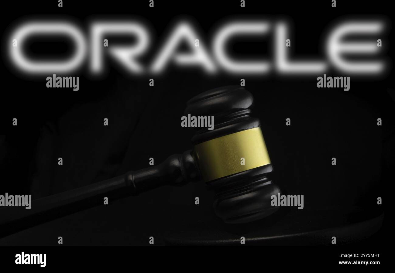 Court gavel in front of the Oracle logo. Oracle Corporation is an ...
