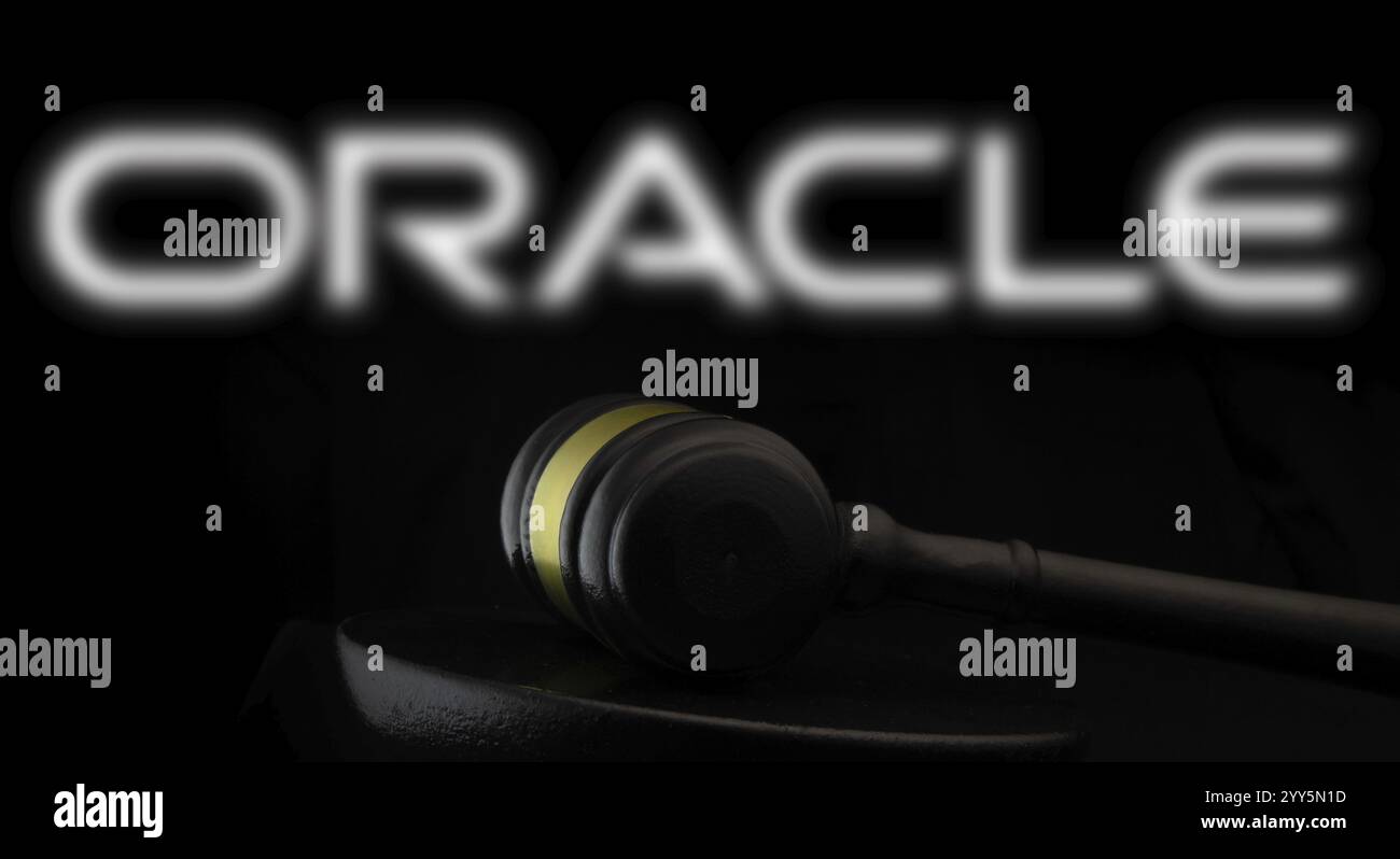 Court gavel in front of the Oracle logo. Oracle Corporation is an ...
