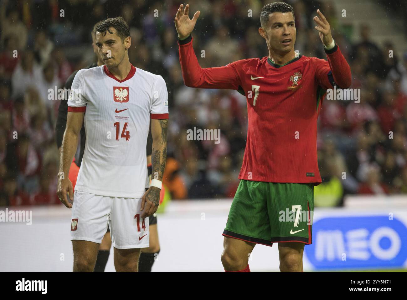 Football match, captain Cristiano RONALDO CR7 Portugal right. protests ...