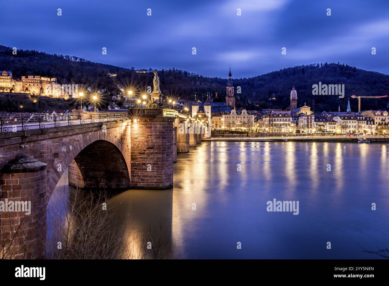 Night view of Heidelberg with illuminated castle and bridge over the ...