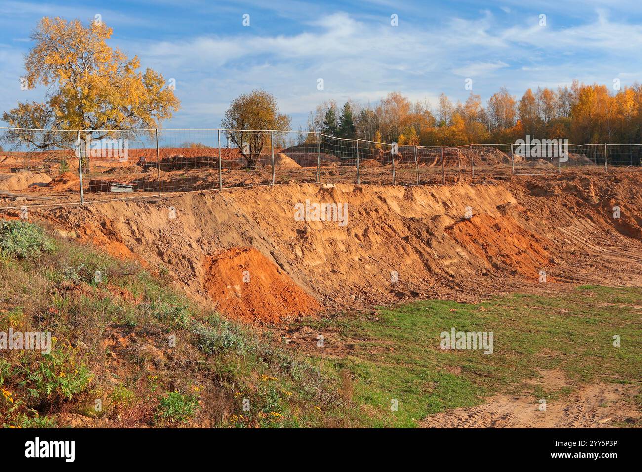 Construction site in fall on sunny day in countryside. Beginning of ...