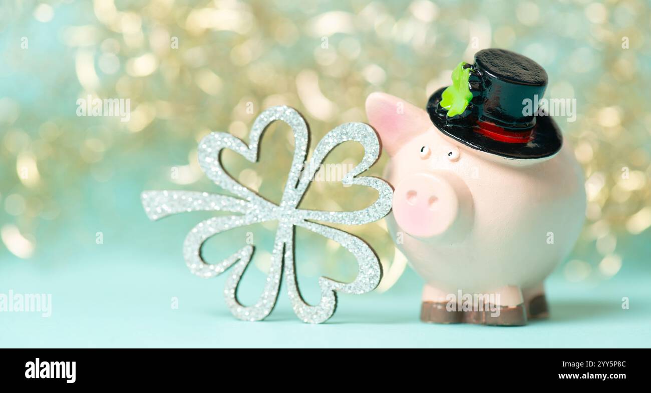Lucky pig with shamrock, celebrate happy new year, bokeh lights, good ...