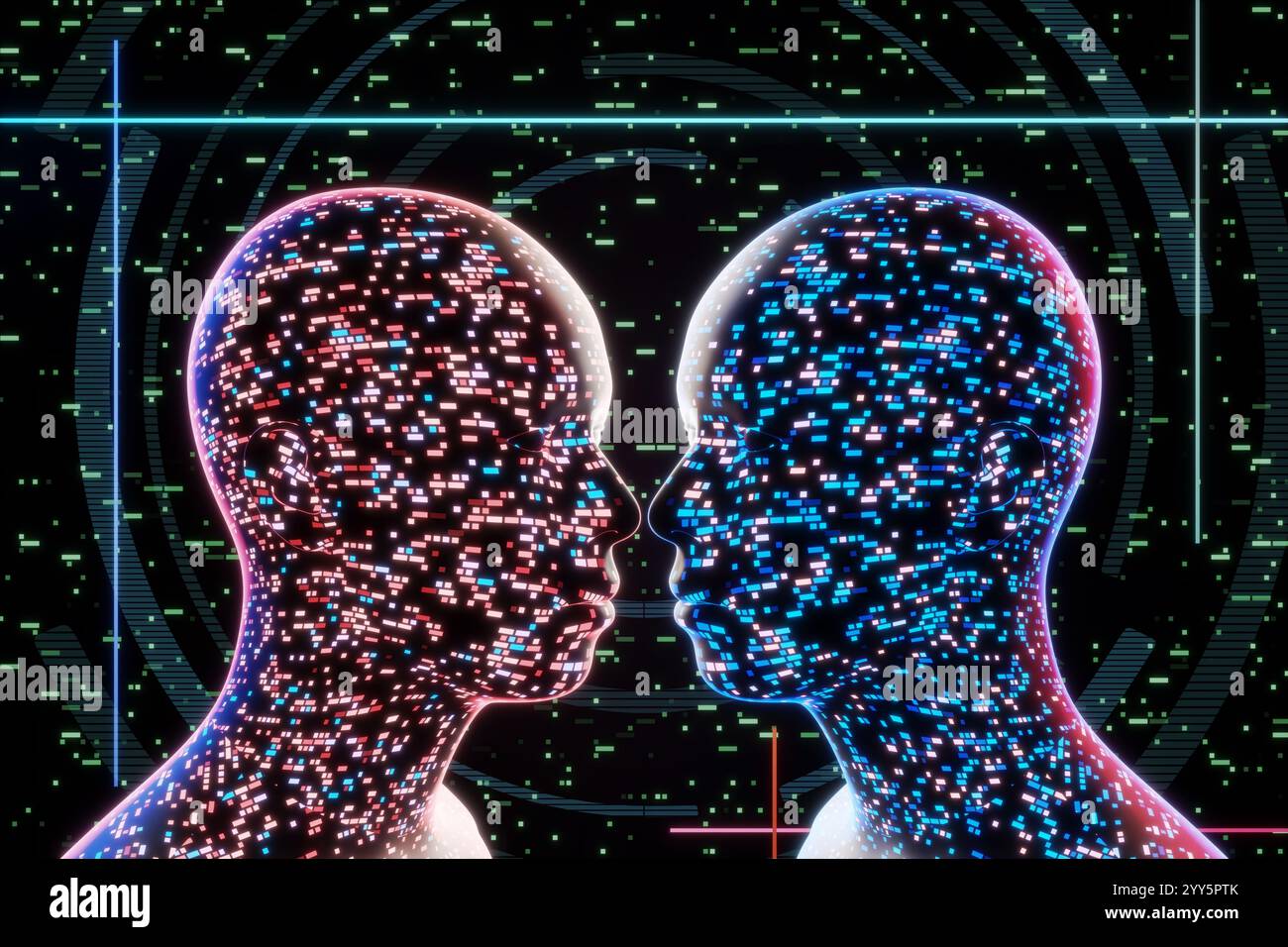 Two digitalized human heads facing each other on pixelated background. Digital communication ...