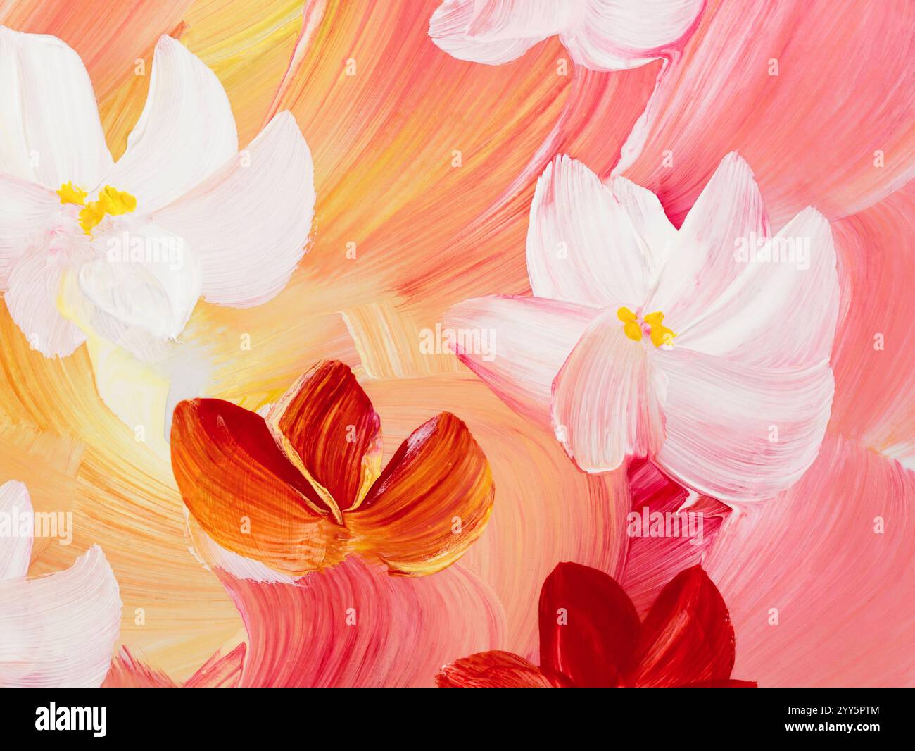Abstract red and orange flowers, original hand drawn, impressionism ...