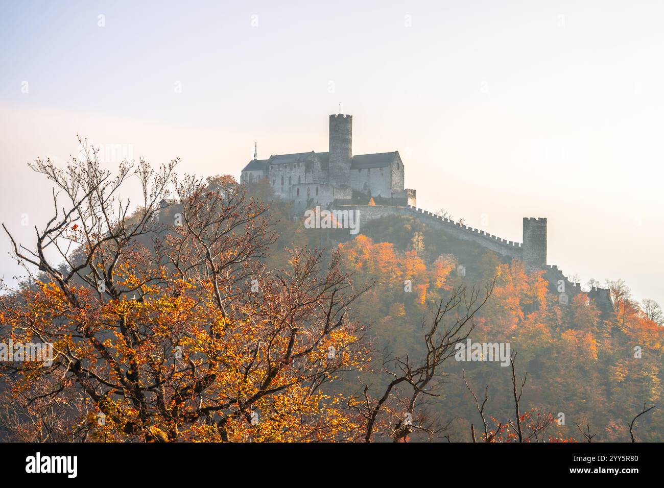 The medieval Bezdez Castle stands majestically atop a hill, surrounded ...