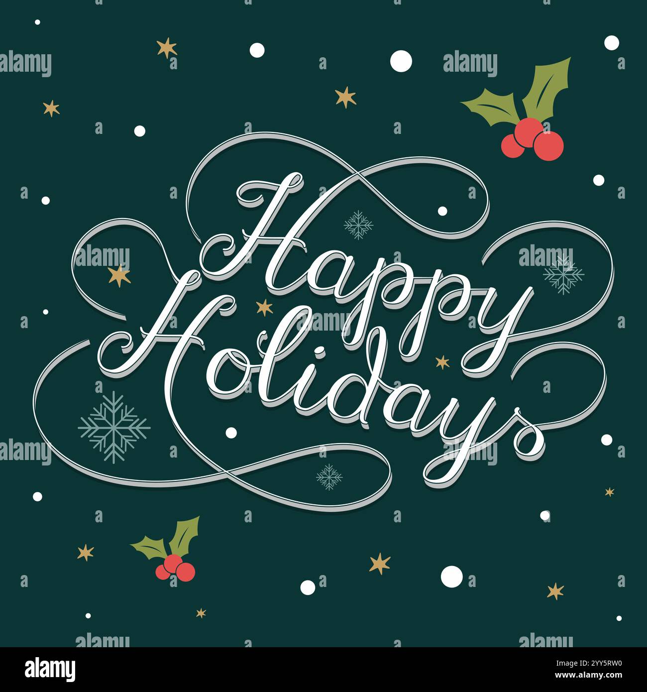 Happy Holidays lettering white text handwriting calligraphy with green ...