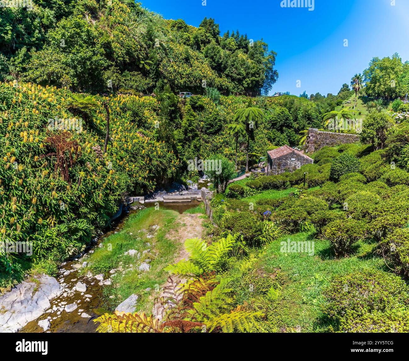 A view down the river at the Ribeiria waterfalls on the island of Sao ...