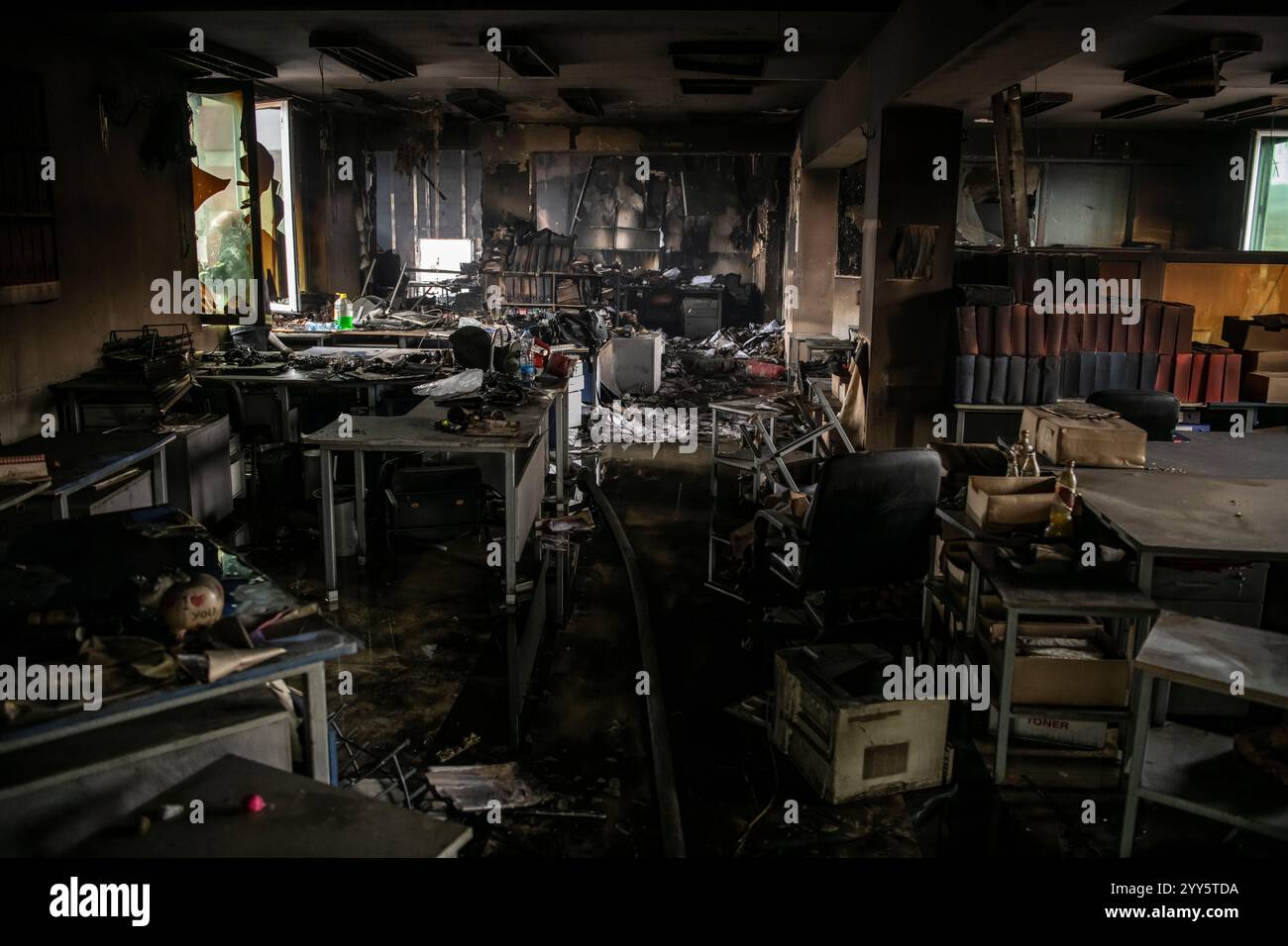 Burned interiors after fire in industrial or office building. Fire ...