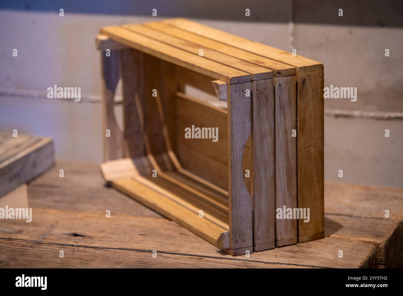 Empty wooden box crate used for fruid or vegetables on a farm or shop ...