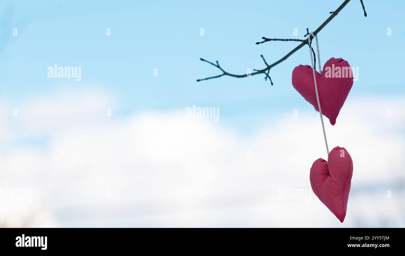 Plush Red Hearts Hanging from Tree Branch Stock Photo - Alamy