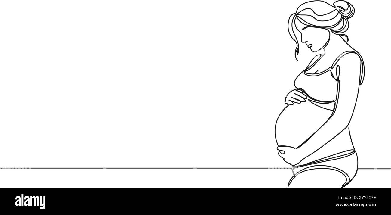 continuous line drawing of pregnant woman with holding her belly, line ...