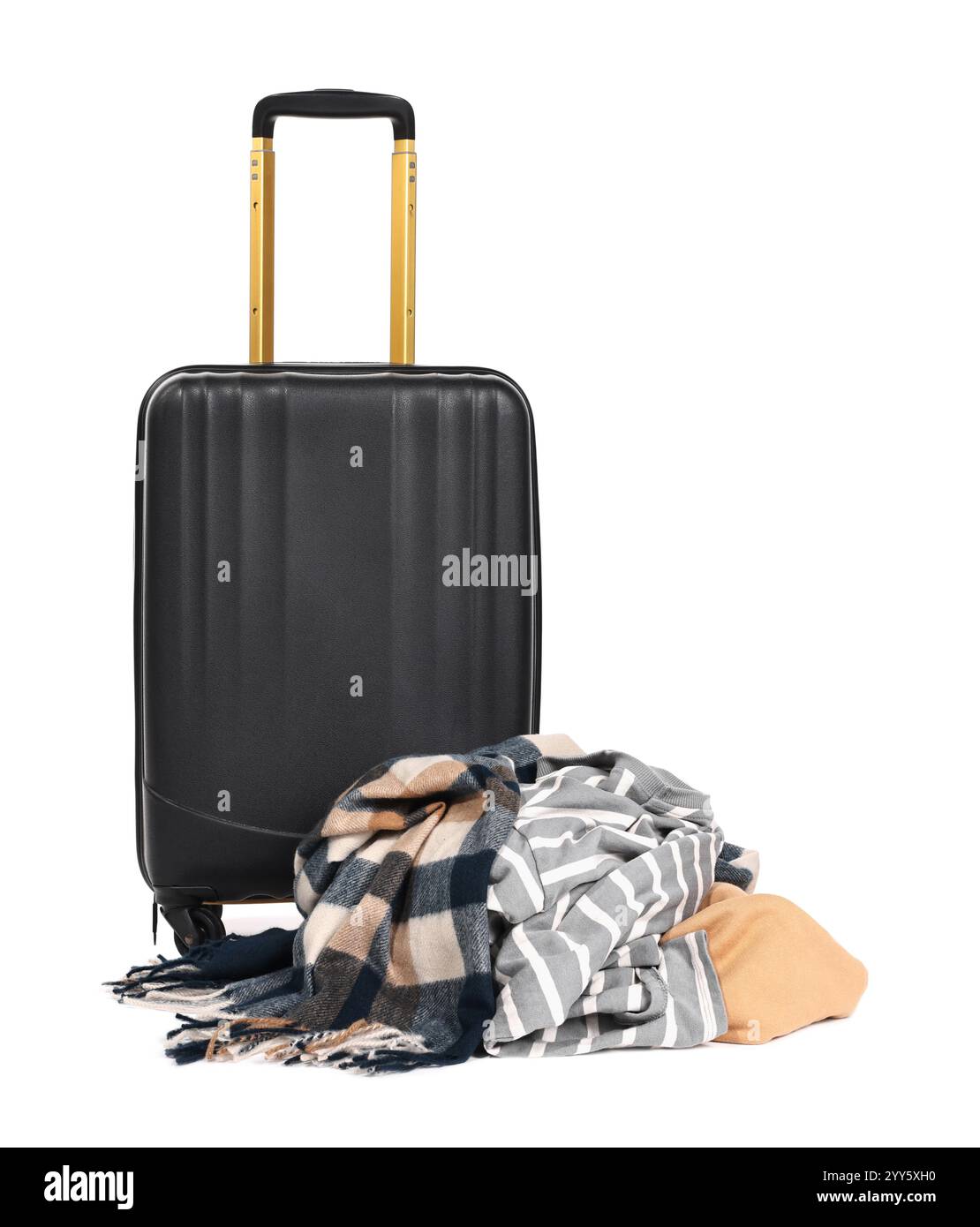 Suitcase and messy pile of clothes isolated on white Stock Photo - Alamy