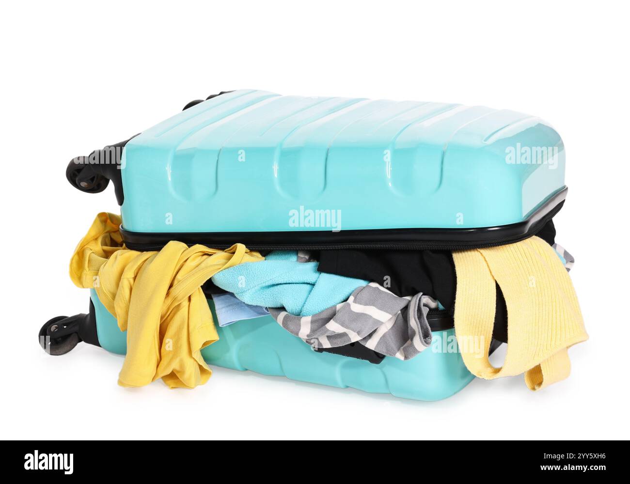 Suitcase full of different messy clothes isolated on white Stock Photo ...