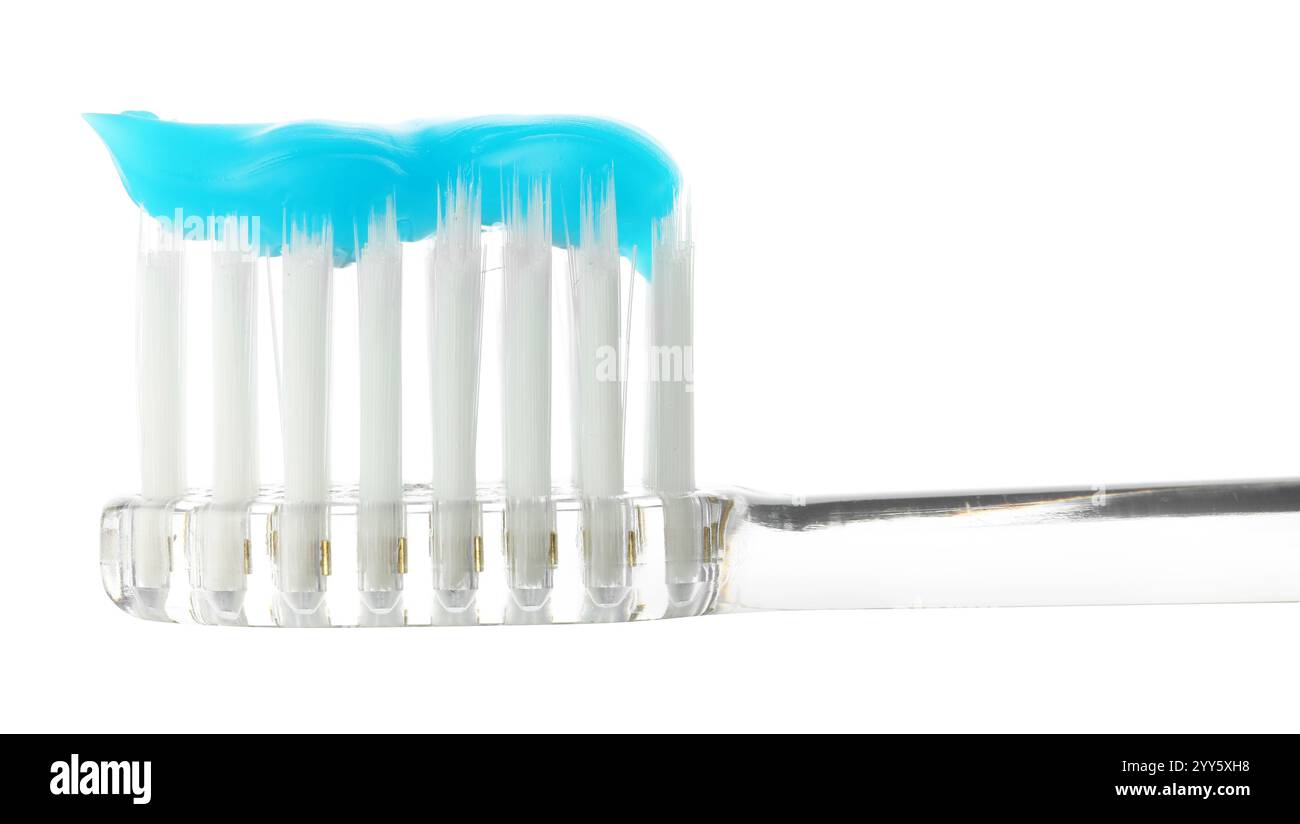 One toothbrush with toothpaste in air isolated on white Stock Photo - Alamy